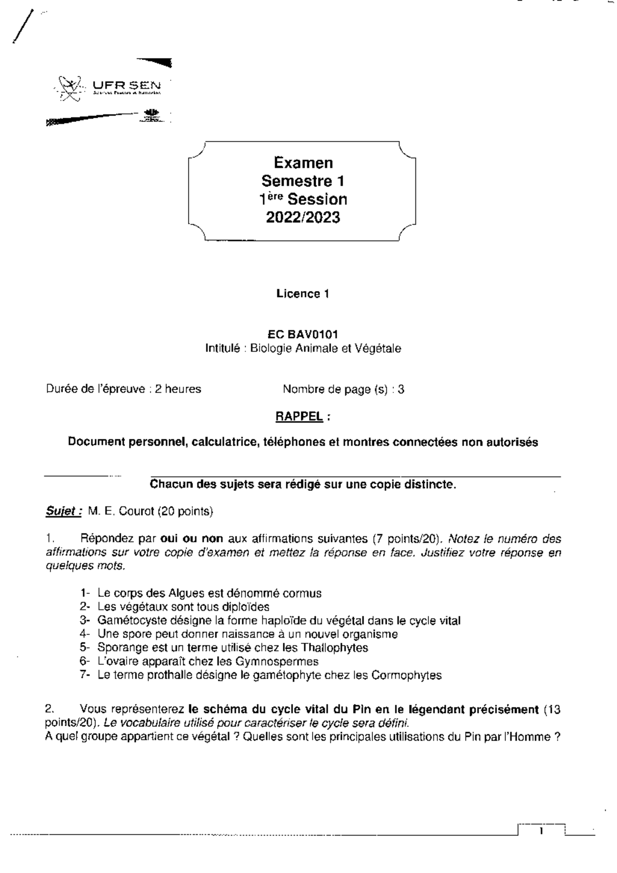 Annales BAV L1 2022 - Biologie Animale et Végétale - Studocu