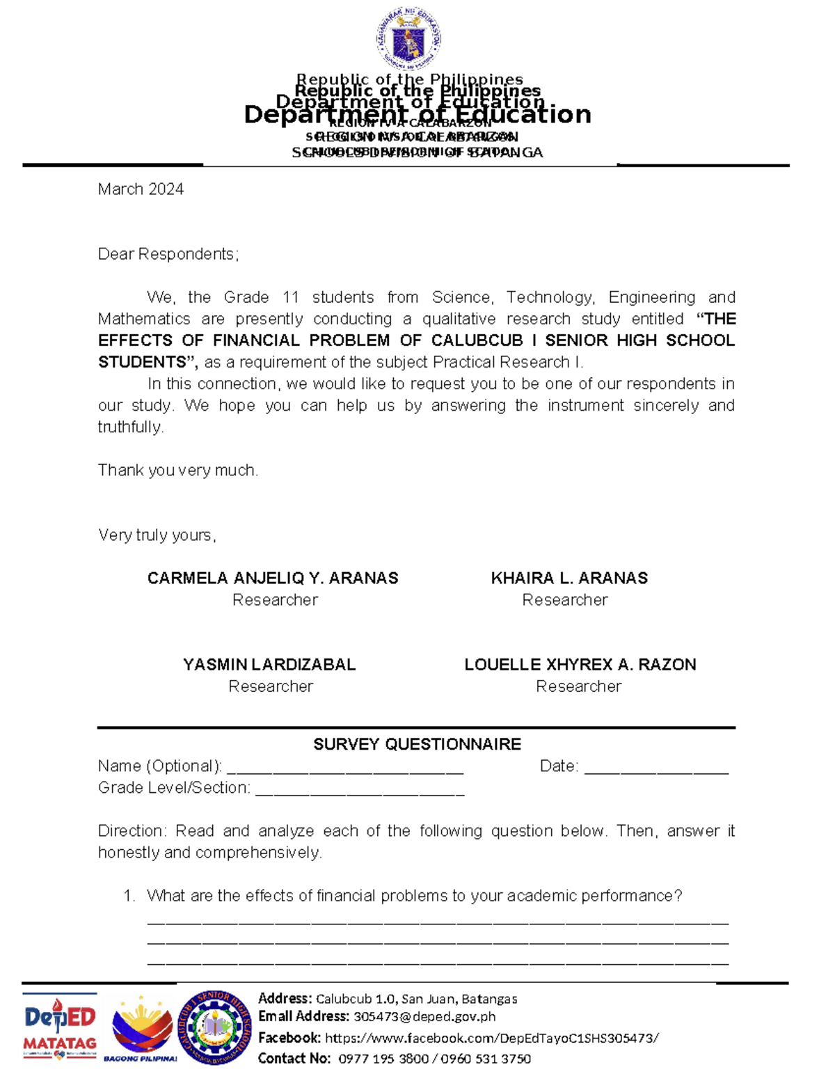 Sample Questionnaire - Address: Calubcub 1, San Juan, Batangas Email ...