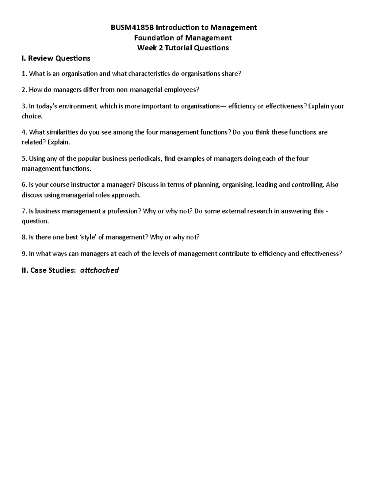 Week 2 Tutorial Questions - BUSM4185B Introduction to Management ...