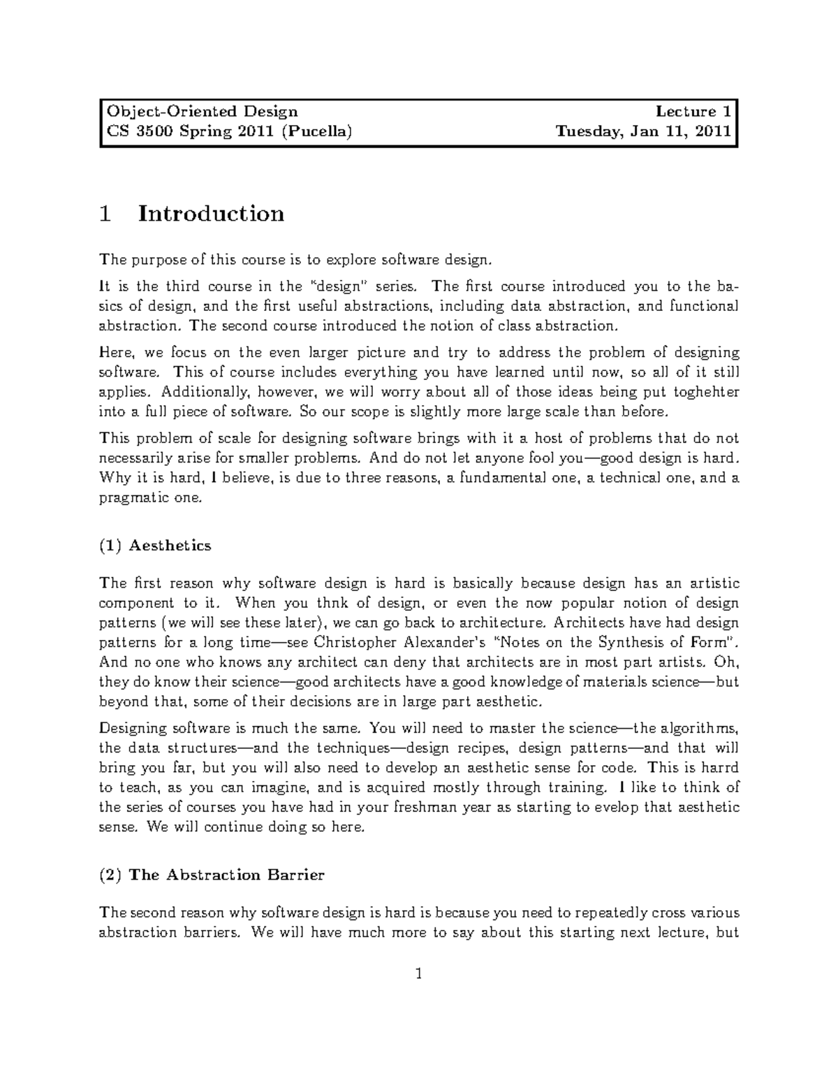Lecture notes, lecture 1 - Introduction - Design CS 3500 Spring 2011 ...