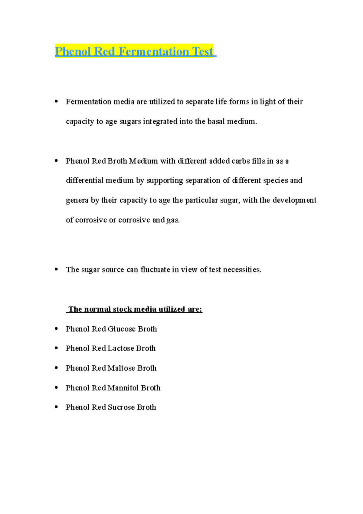Phenol Red Fermentation Test Phenol Red Broth Medium With Different Added Carbs Fills In As A