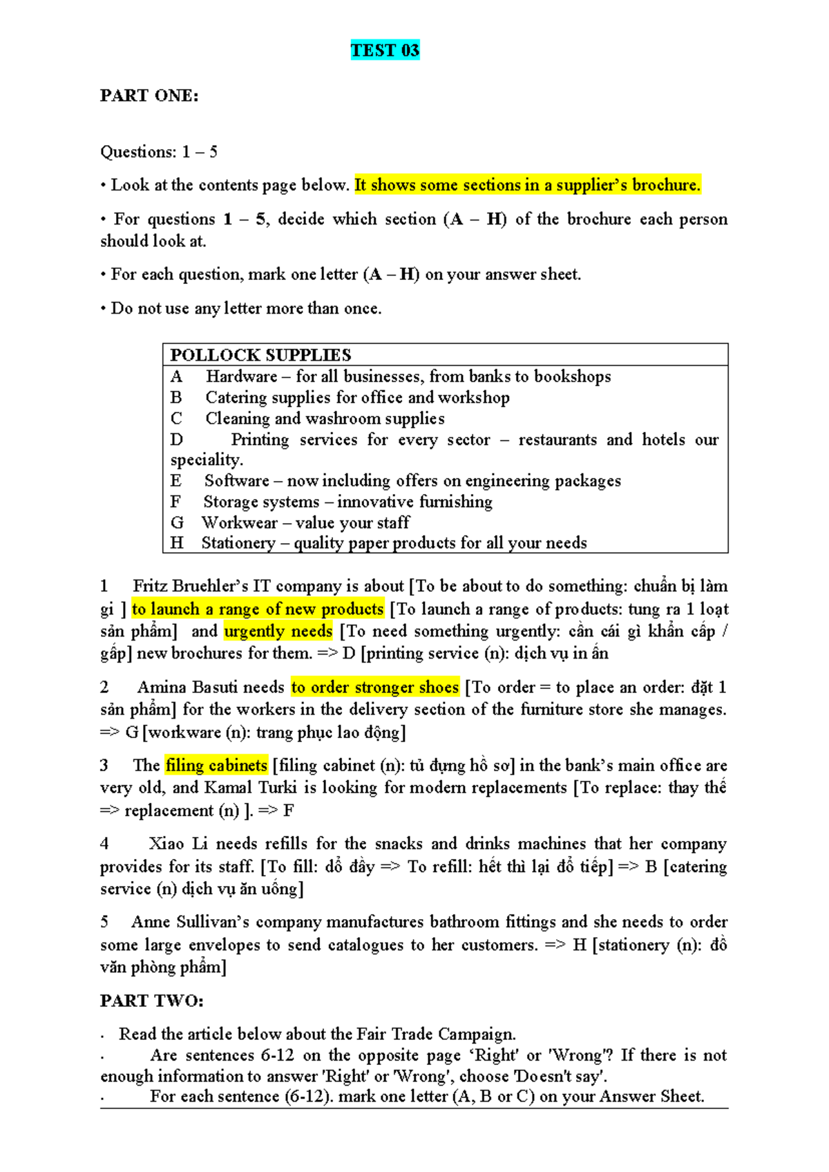 Reading test 2023-2024 - TEST 03 PART ONE: Questions: 1 – 5 Look at the ...