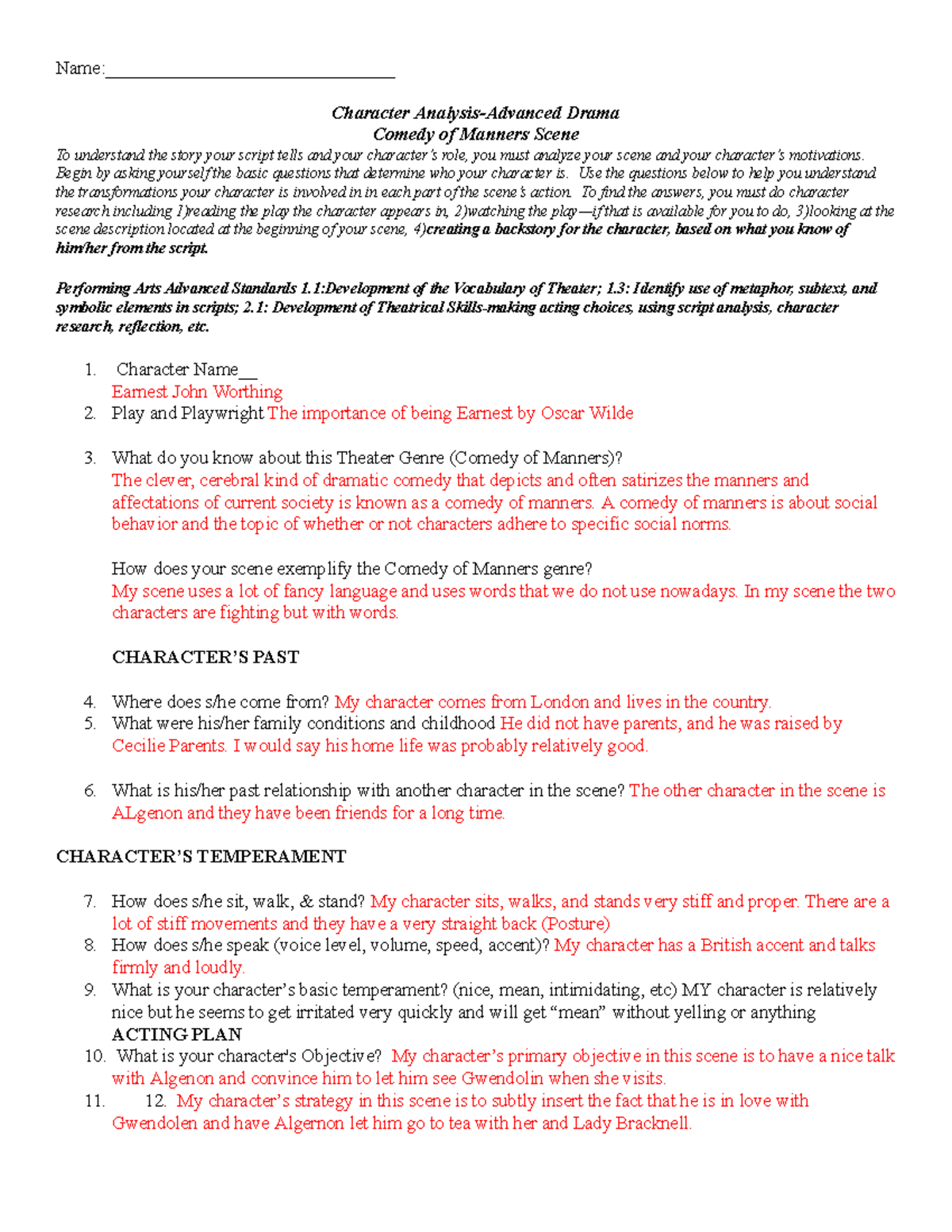 Character Analysis Comedy of Manners - Name ...