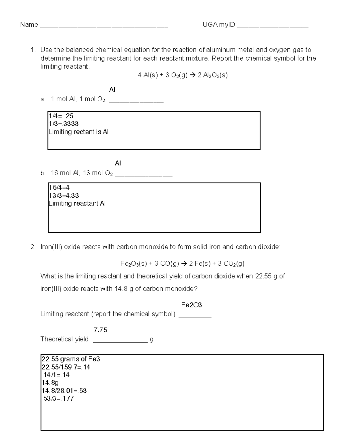 Ch. 9 Limiting Reactants and Theoretical Yields-2 - Name