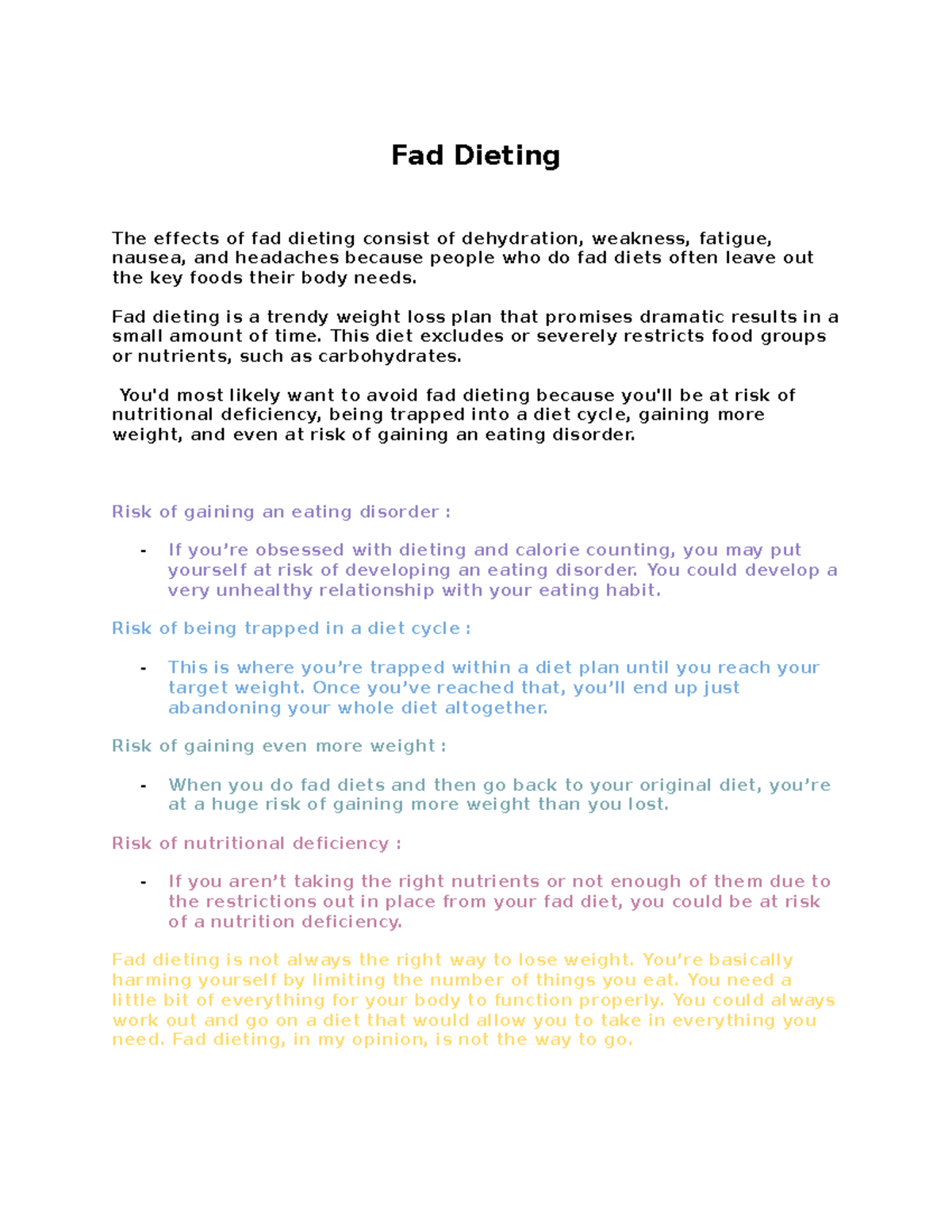 Fad dieting - Fad diesting essay - Fad Dieting The effects of fad ...