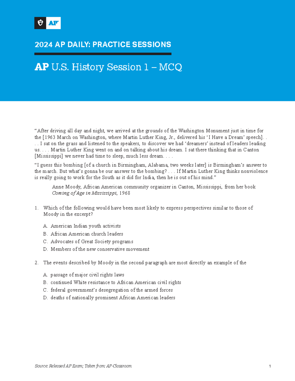 AP US History Session 1 Worksheet - Source: Released AP Exam; Taken ...