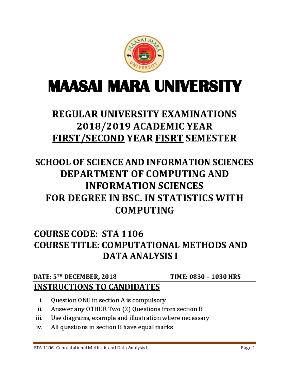 STA 1106 110 - Sample revision questions - MAASAI MARA UNIVERSITY ...