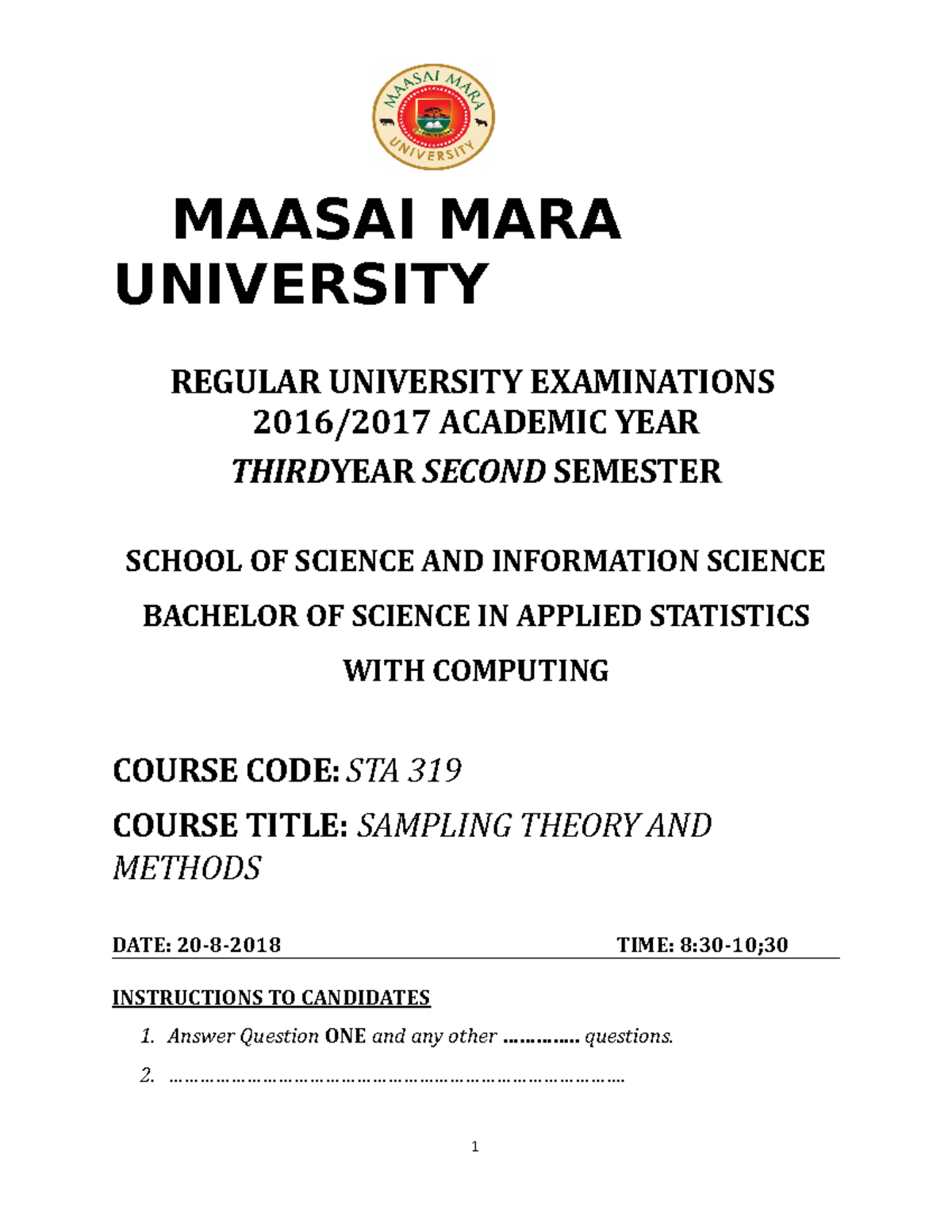 STA 319 Sampling Theory AND Methods - MAASAI MARA UNIVERSITY REGULAR UNIVERSITY EXAMINATIONS ...