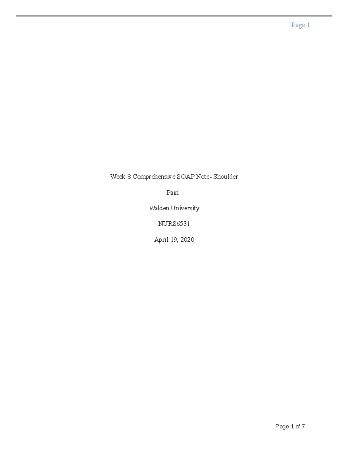 Week 8 Comprehensive SOAP note NUR6531 - Page 1 of 7 Week 8 ...