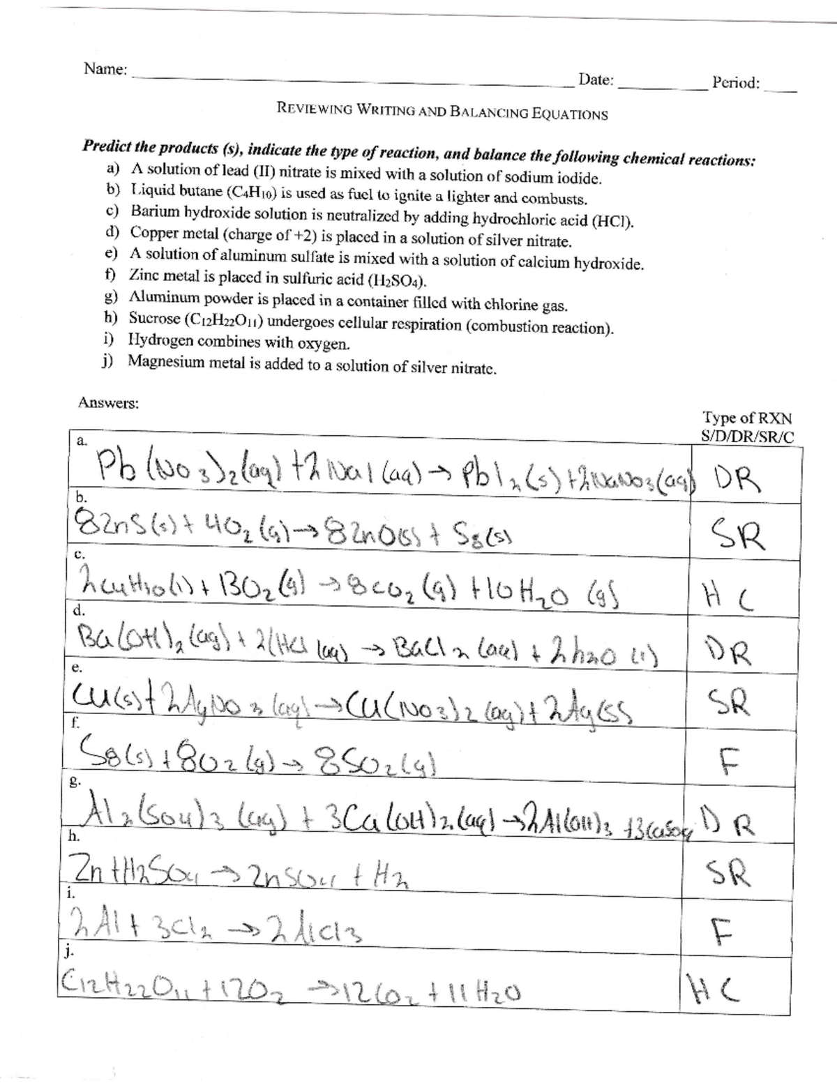 Writting balancing equations 2022010 4 0001 - Name: Date Rnvlrwmc ...