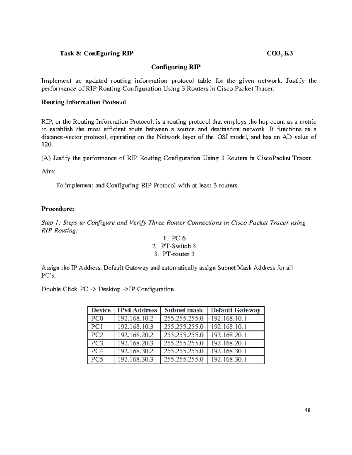 TASK 8 CN Lab - Yes it will be useful - Task 8: Configuring RIP CO3, K ...