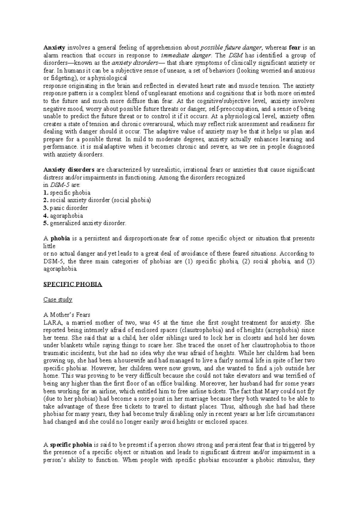 psychopathology notes - Anxiety involves a general feeling of ...