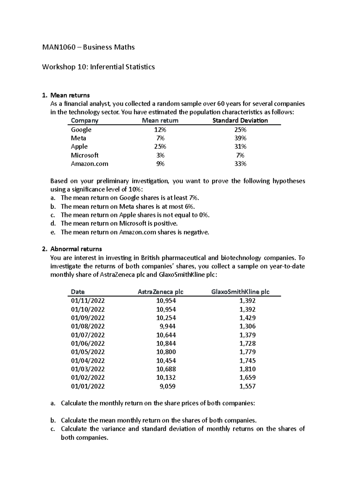 Workshop 10 - Inferential Stastistics - MAN1060 – Business Maths ...