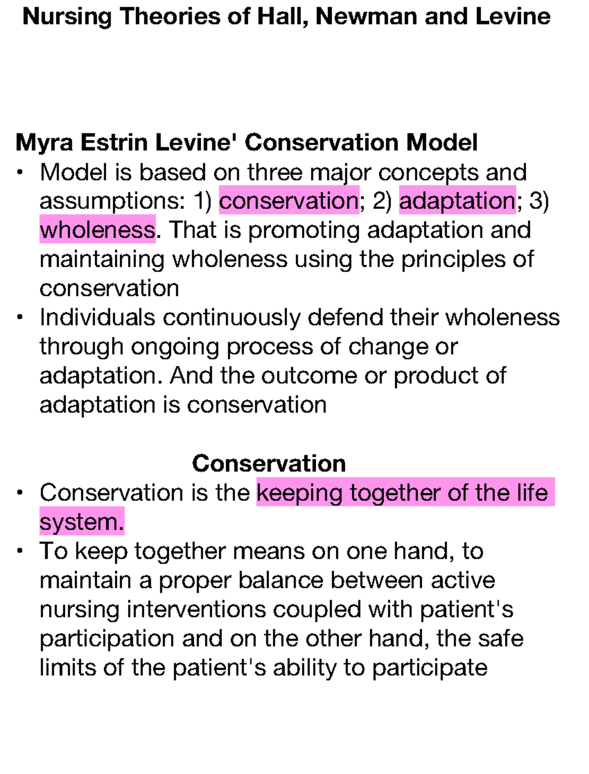 TFN REV - Midterm reviewer - Nursing Theories of Hall, Newman and Levine Myra Estrin Levine ...