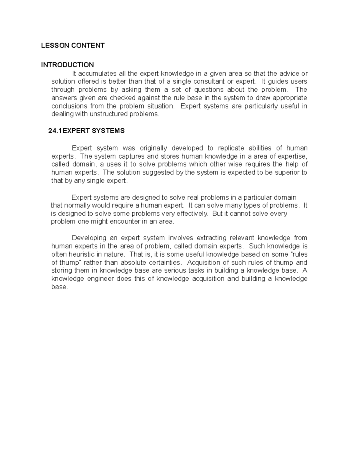 Experts System - LESSON CONTENT INTRODUCTION It accumulates all the ...