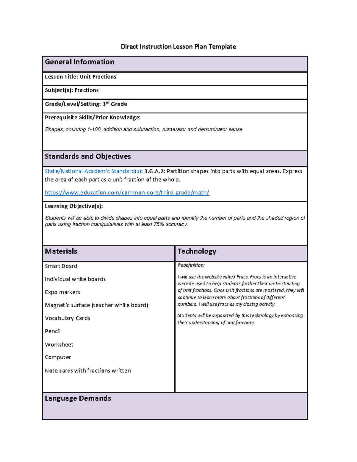 Intro to Curriculum- Task 2 - Direct Instruction Lesson Plan Template ...