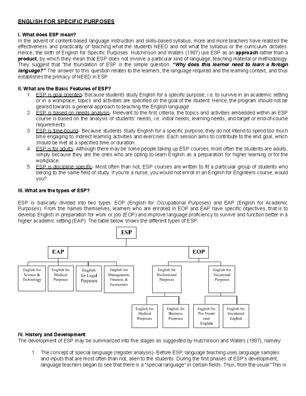 15 - englsih - ENGLISH FOR SPECIFIC PURPOSES I. What does ESP mean? In ...