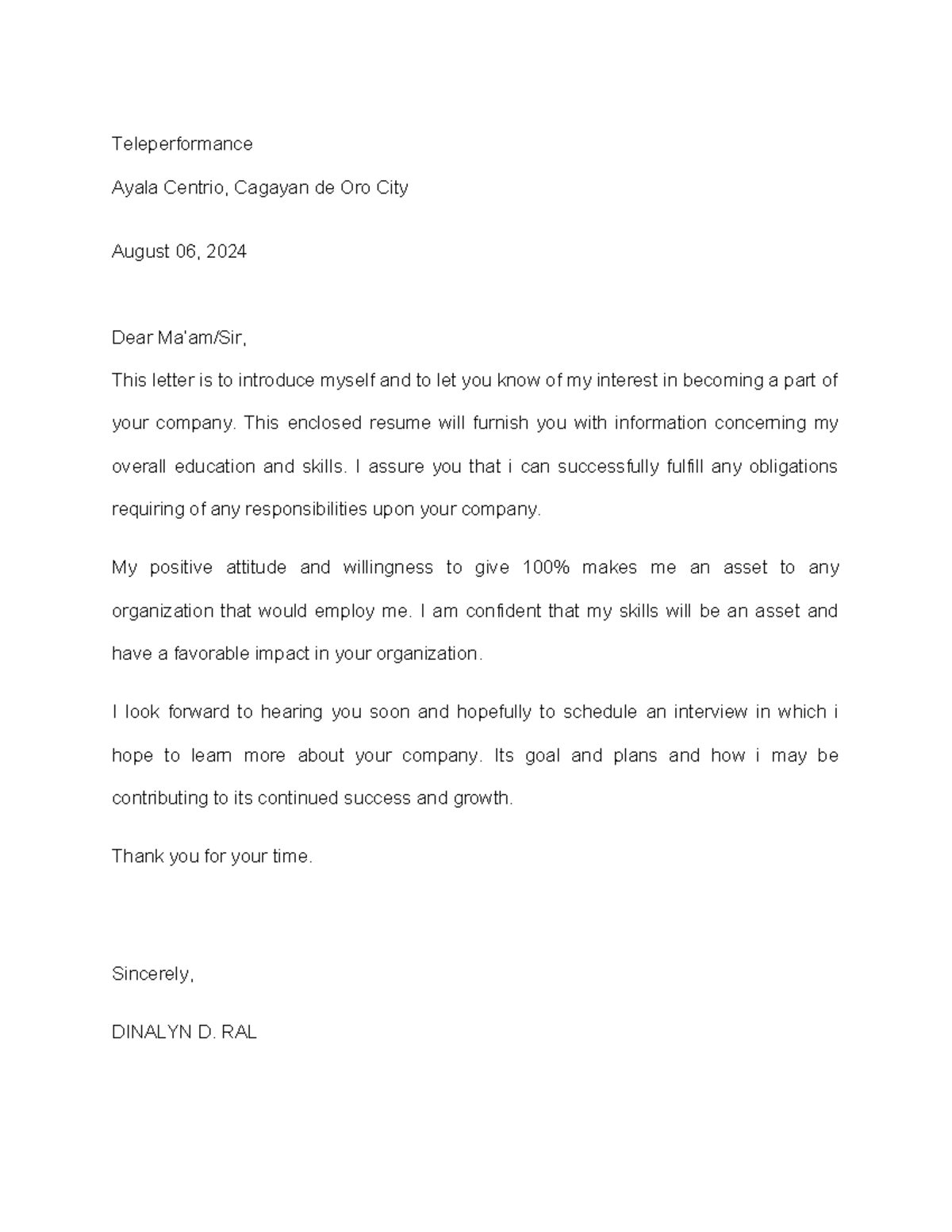 Application-letter-1 - Teleperformance Ayala Centrio, Cagayan de Oro ...