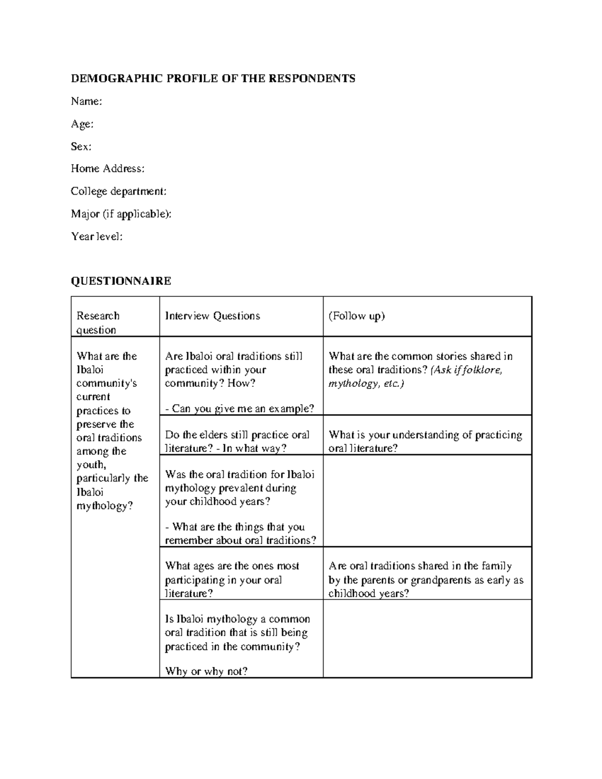 Questionaire-docx - Questionnaires - DEMOGRAPHIC PROFILE OF THE ...