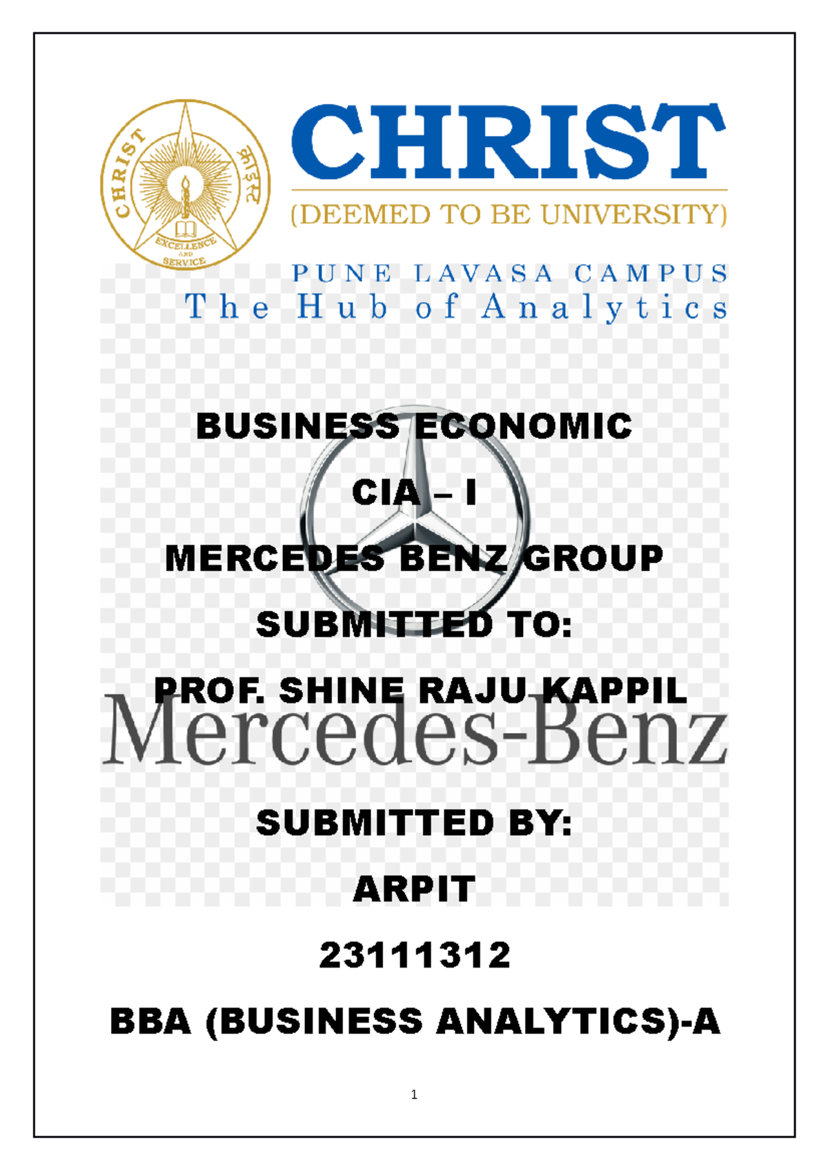 Arpit CIA 01 BE - BUSINESS ECONOMIC CIA – I MERCEDES BENZ GROUP ...