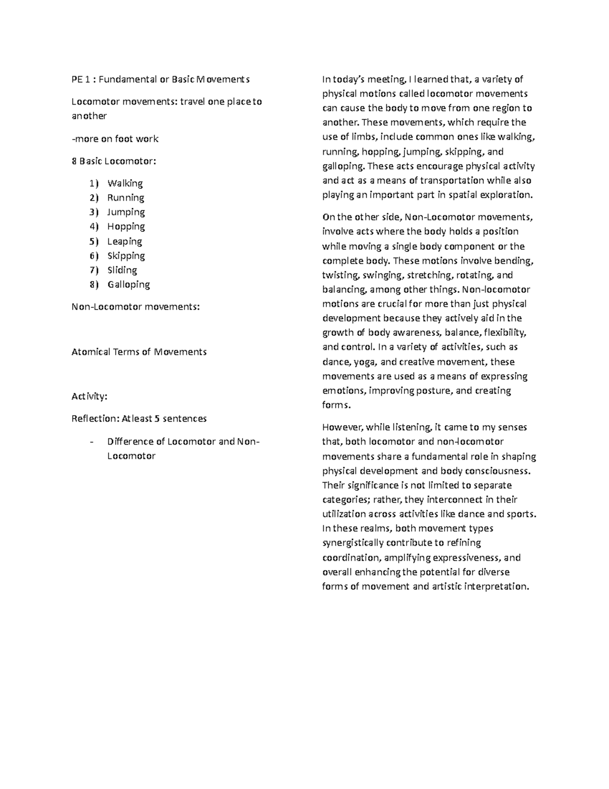 PE NU - notes - PE 1 : Fundamental or Basic Movements Locomotor ...