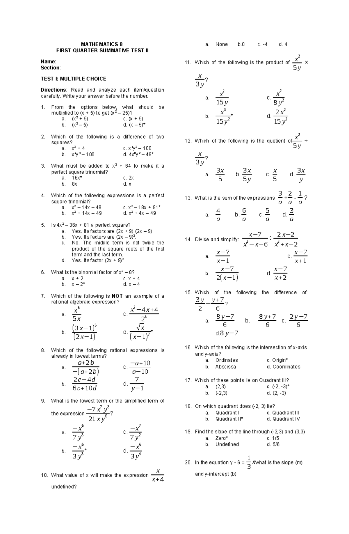 M8Q1 Long Test 2 - Information - MATHEMATICS 8 FIRST QUARTER SUMMATIVE ...
