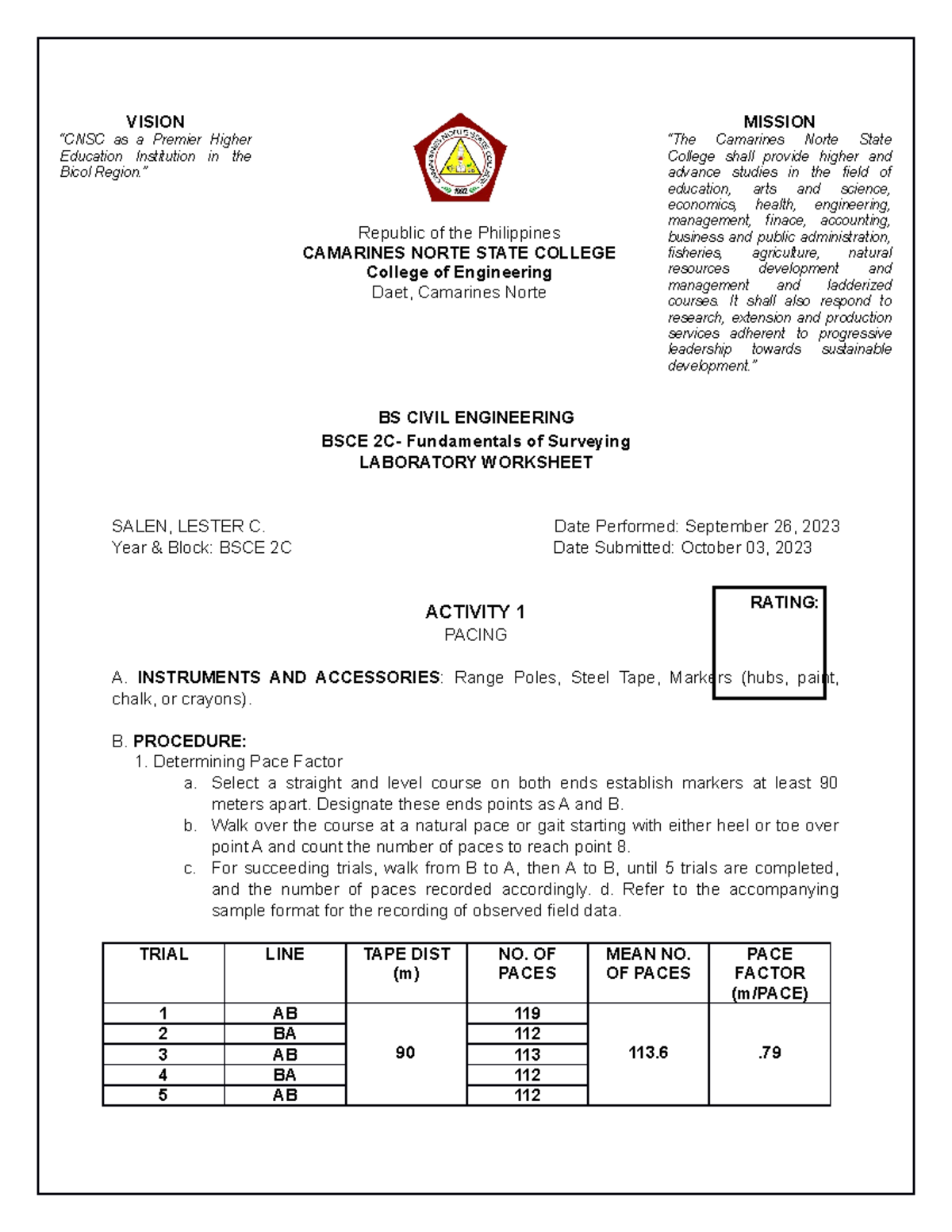 CE 100 Activity No - asdasd - VISION Republic of the Philippines CAMARINES NORTE STATE COLLEGE ...