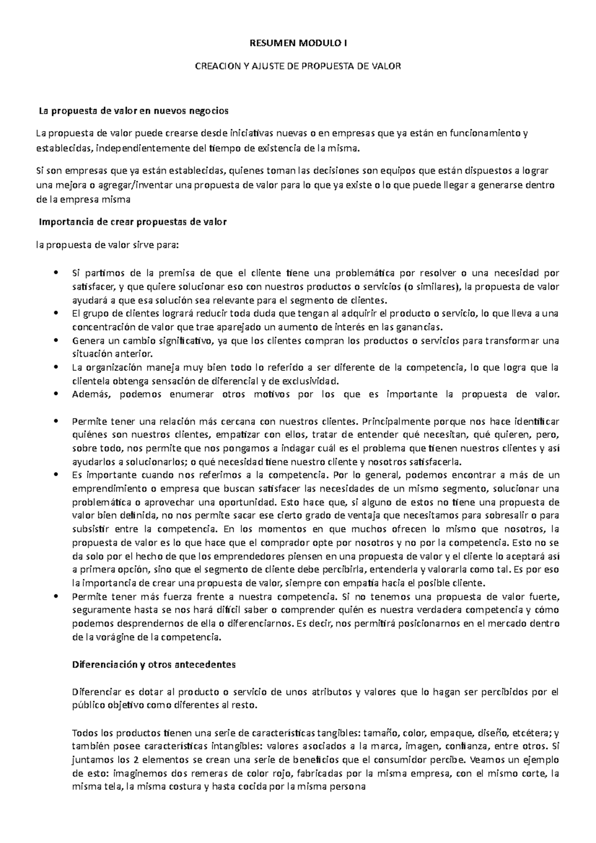 Resumen Modulo I II - RESUMEN MODULO I CREACION Y AJUSTE DE PROPUESTA DE VALOR La propuesta de ...