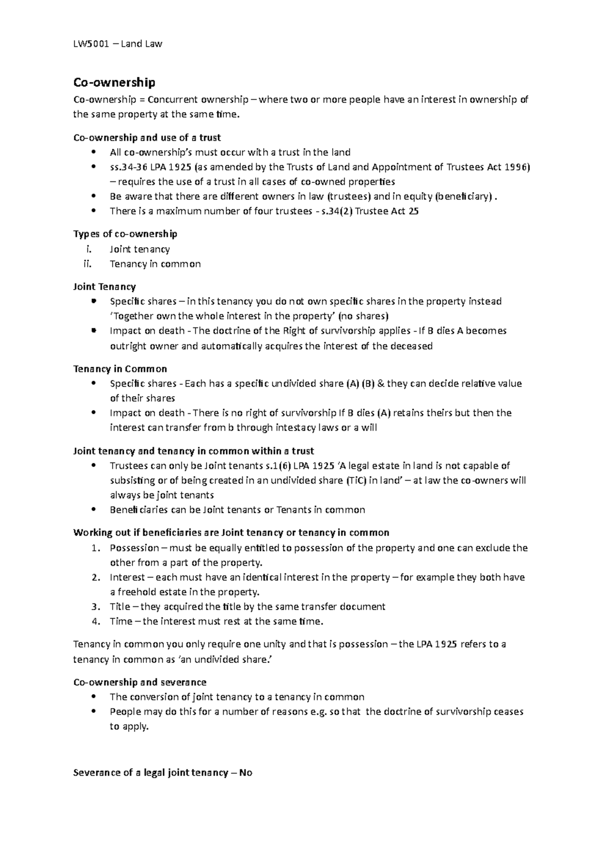 Land Law - Co-Ownership - Co-ownership Co-ownership = Concurrent ...