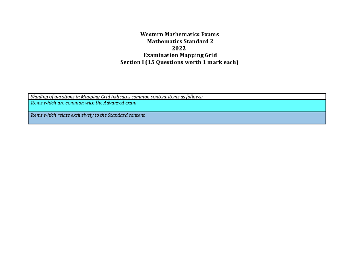 WME 2022 HSC Standard 2 Mapping Grid - Western Mathematics Exams ...
