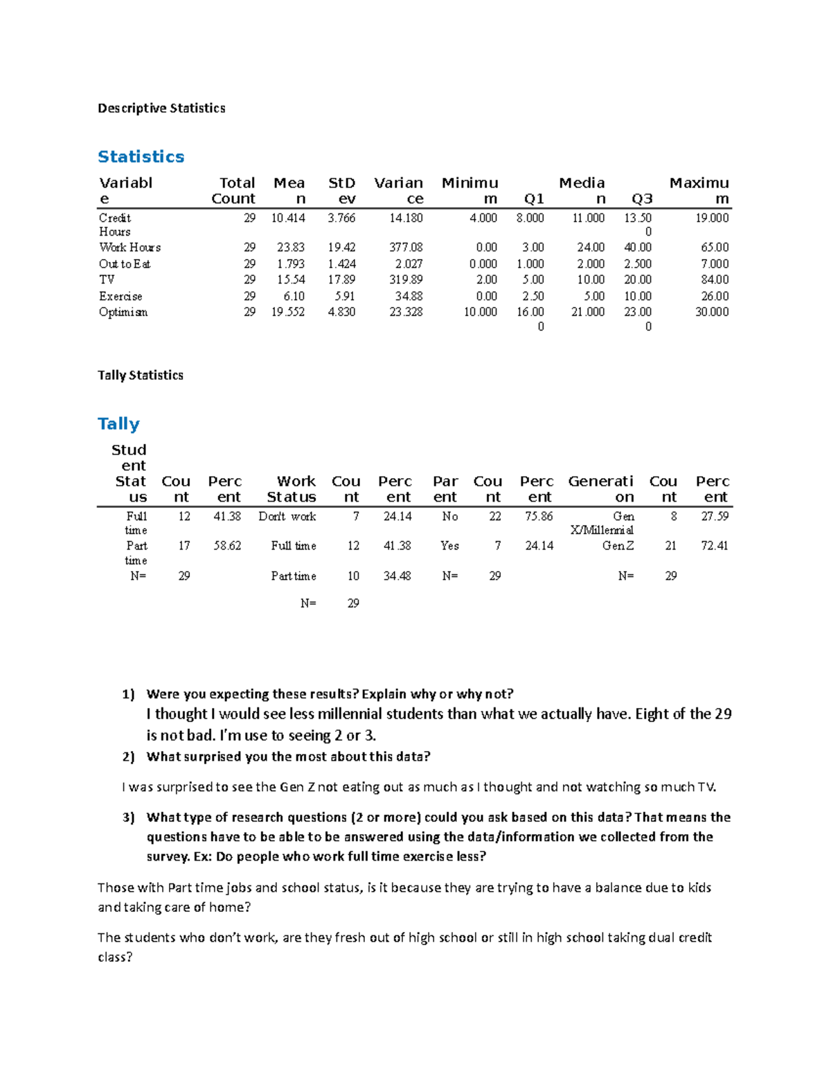 Descriptive Statistics 1 - Descriptive Statistics Statistics Variabl e ...