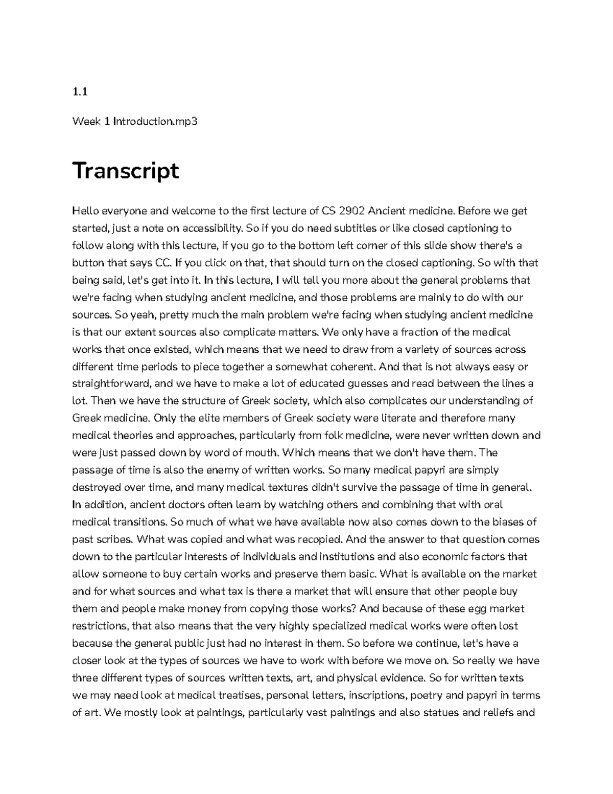 Clasm Transcripts 1-6 - transcript - 1. Week 1 Introduction Transcript ...