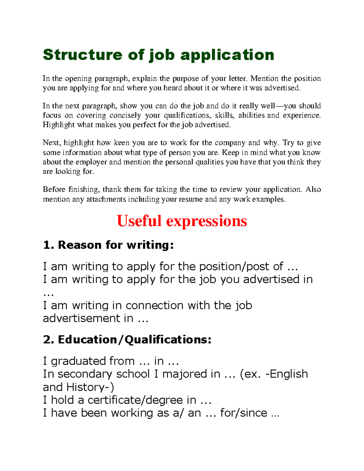 Structure OF JOB Application (1) - Structure of job application In the ...