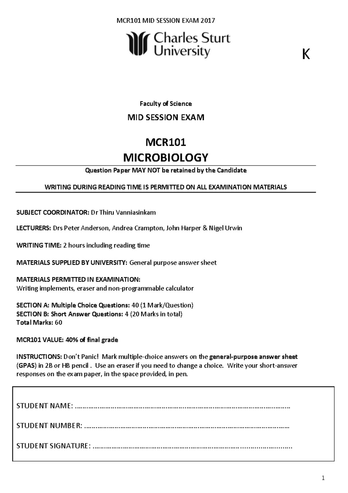 MCR101-2017 60-MSE - exam - Faculty of Science MID SESSION EXAM MCR ...