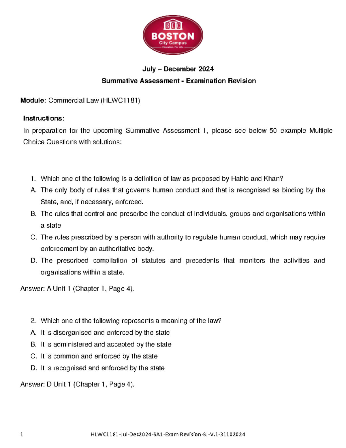 HLWC1181-Jul-Dec2024-SA1-Exam Revision-SJ-V - Module: Commercial Law (HLWC1181) 1. Which one of ...