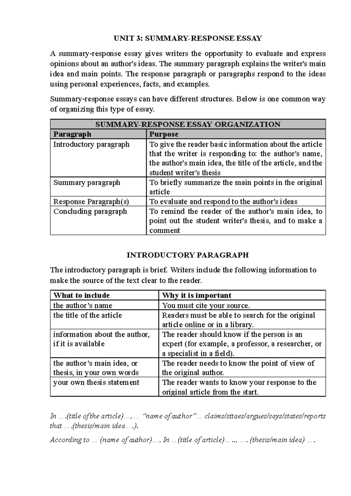 Summary- Response Essay - UNIT 3: SUMMARY-RESPONSE ESSAY A summary ...