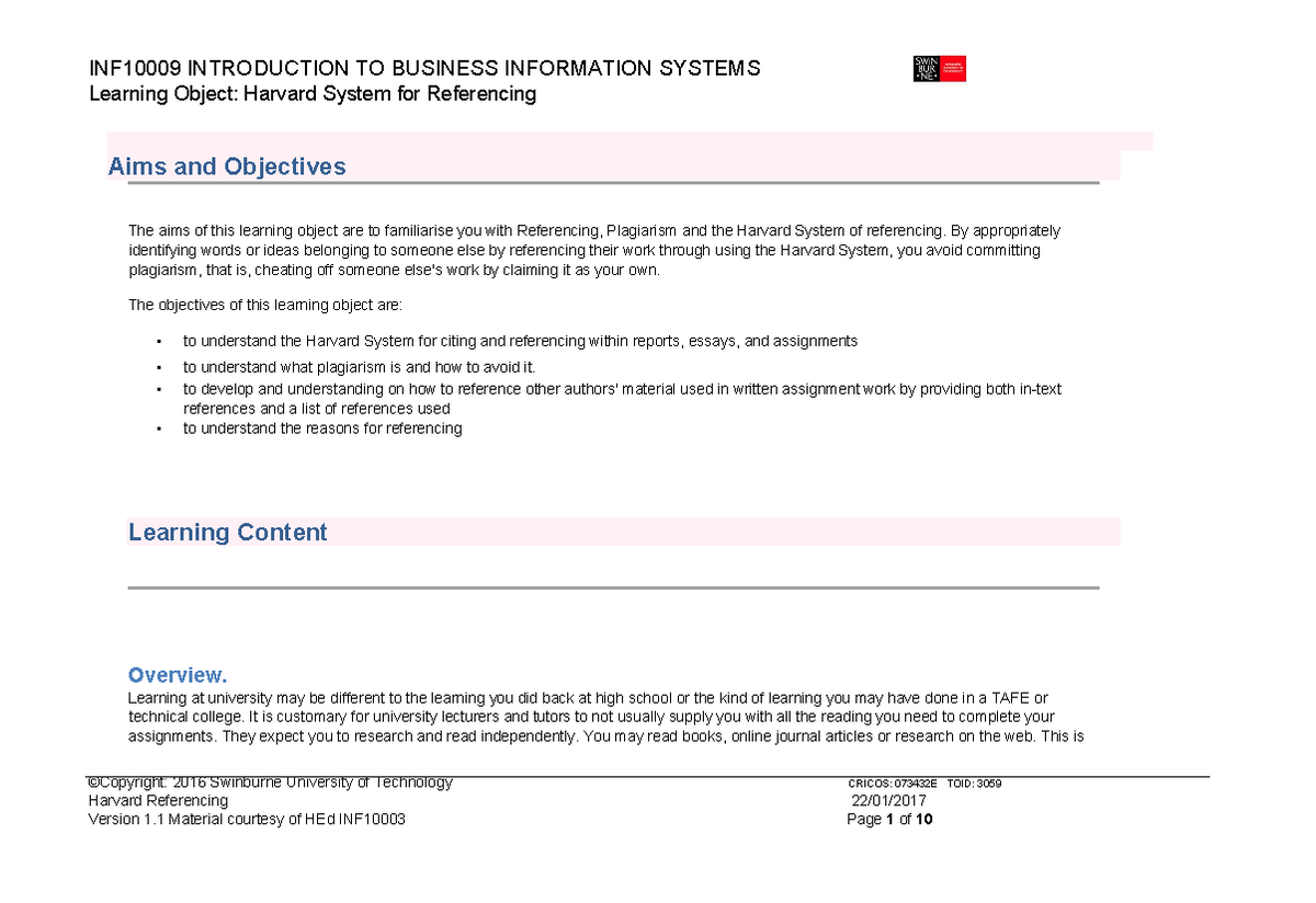 IBIS Referencing INF10009 completed - Learning Object: Harvard System ...