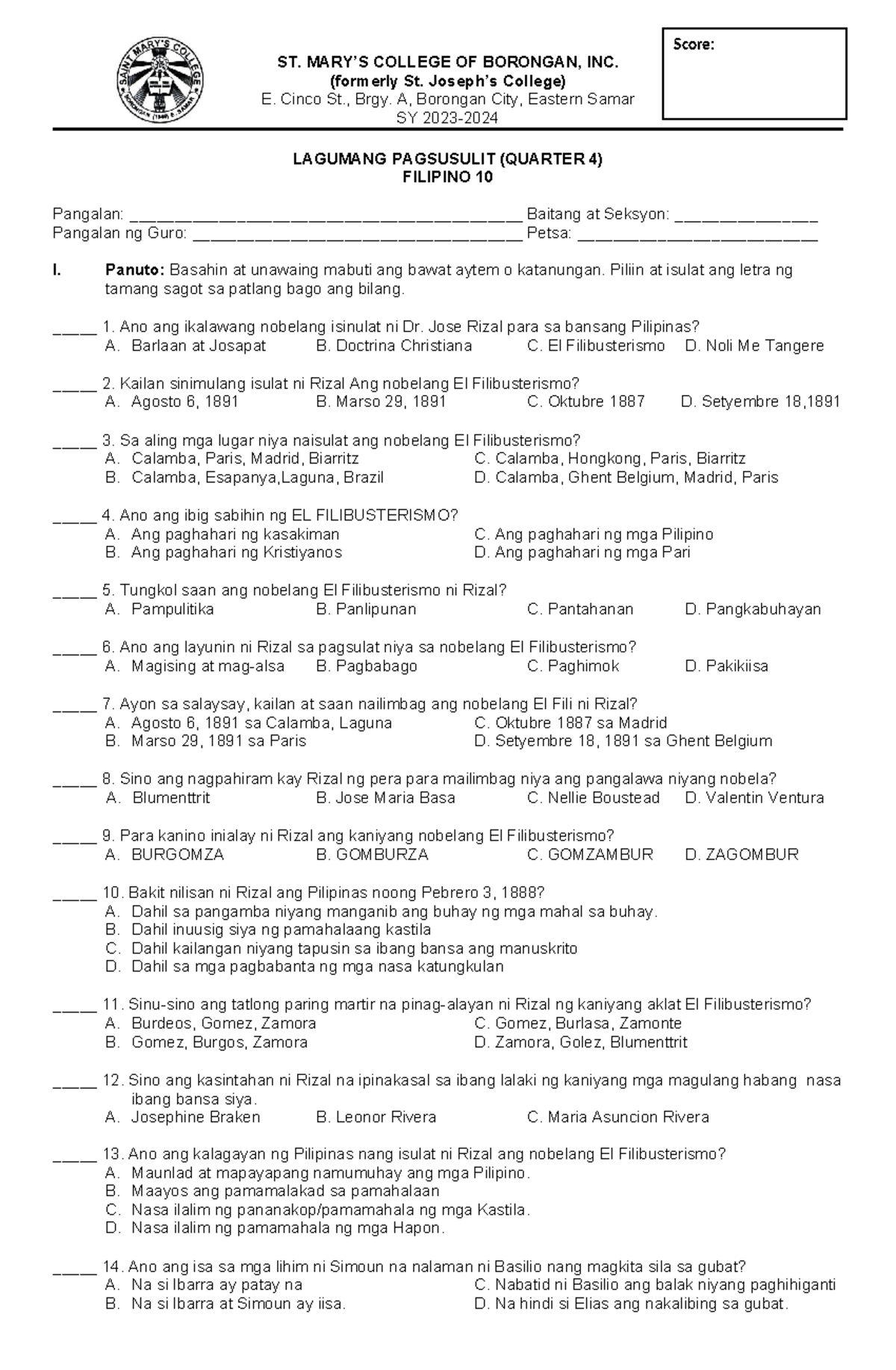 Filipino Grade 10 4th Quarter - ST. MARY’S COLLEGE OF BORONGAN, INC ...