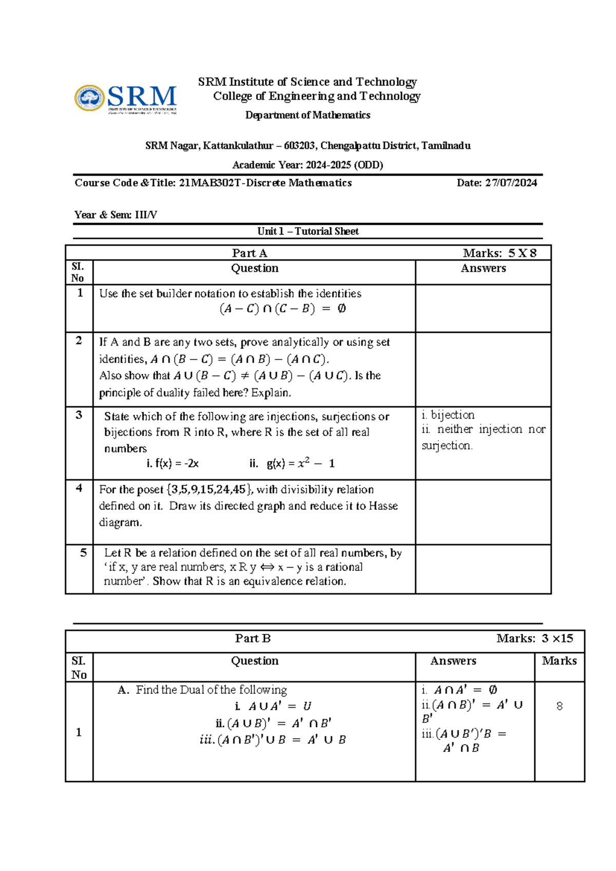 21MAB302T-DM-Unit 1-Tutorial Sheet - SRM Institute of Science and Technology College of ...