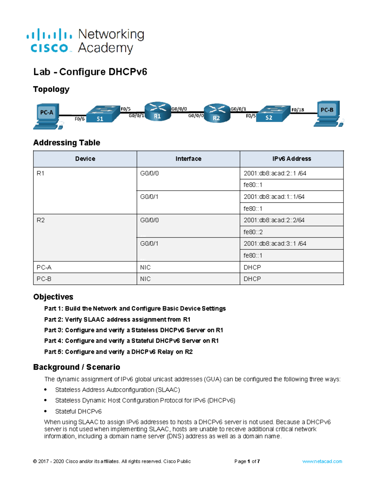 8.5.1 Lab - Configure DHCPv 6 - Topology Addressing Table Device Interface IPv6 Address R1 G0/0/ ...