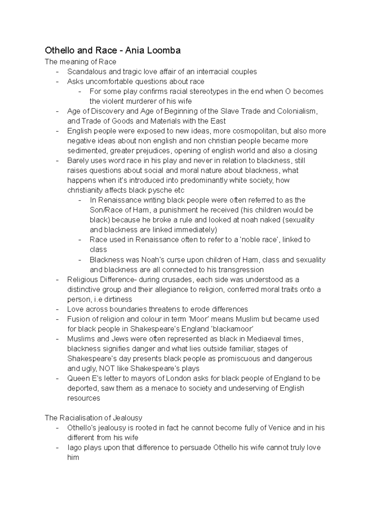 Othello notes - Othello and Race - Ania Loomba The meaning of Race ...