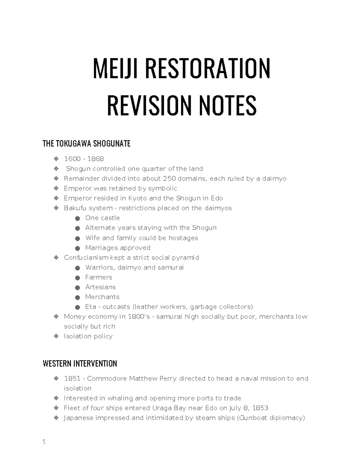 Meiji Restoration - Revison Notes - MEIJI RESTORATION REVISION NOTES ...