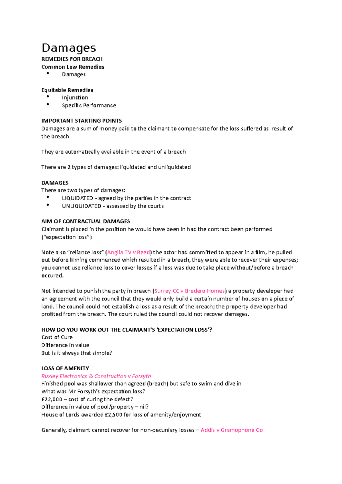 Damages Lecture 18 - Damages REMEDIES FOR BREACH Common Law Remedies ...