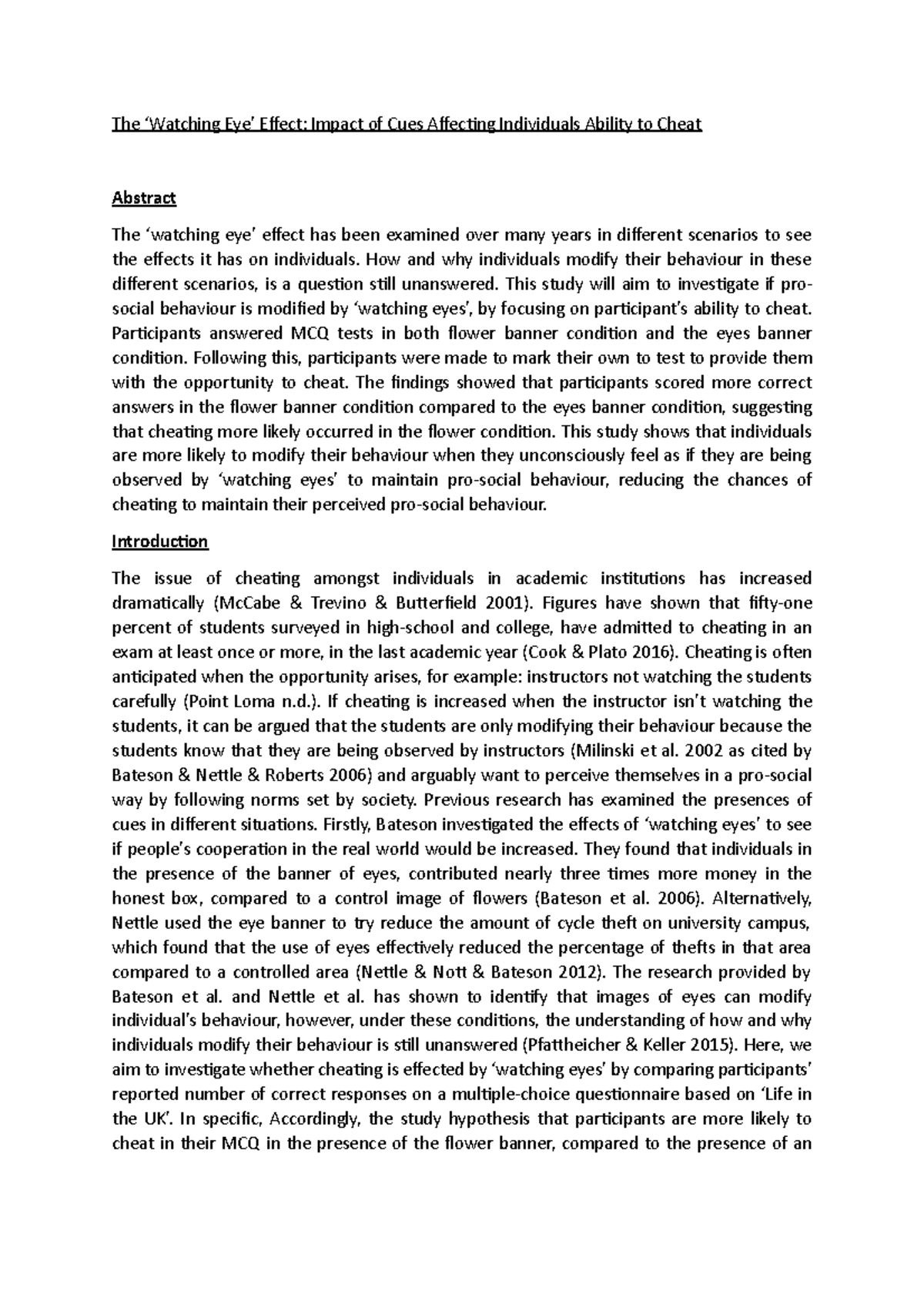 Research report on watching eye effect - The ‘Watching Eye’ Effect ...