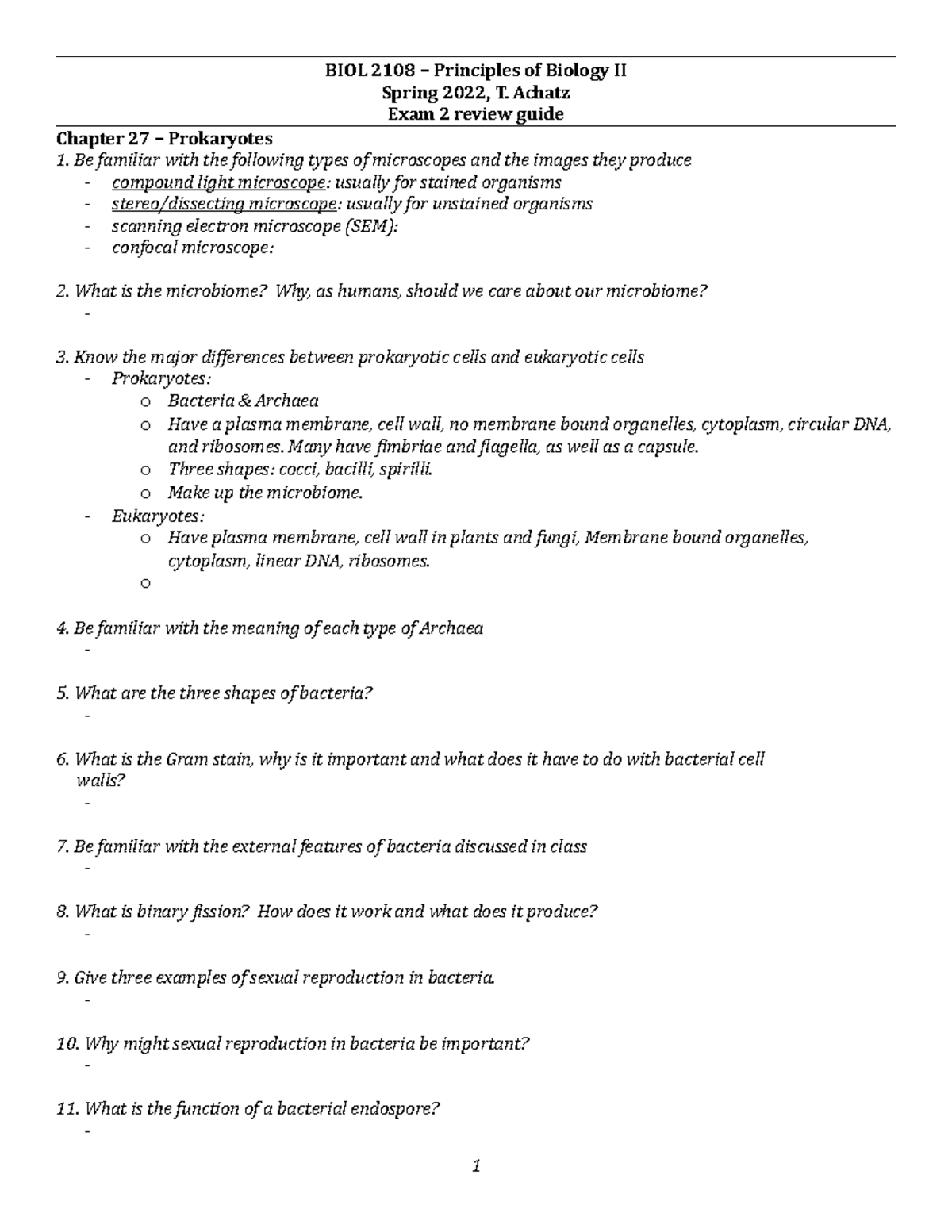 BIOL 2108 exam 2 review guide - BIOL 2108 – Principles of Biology II ...