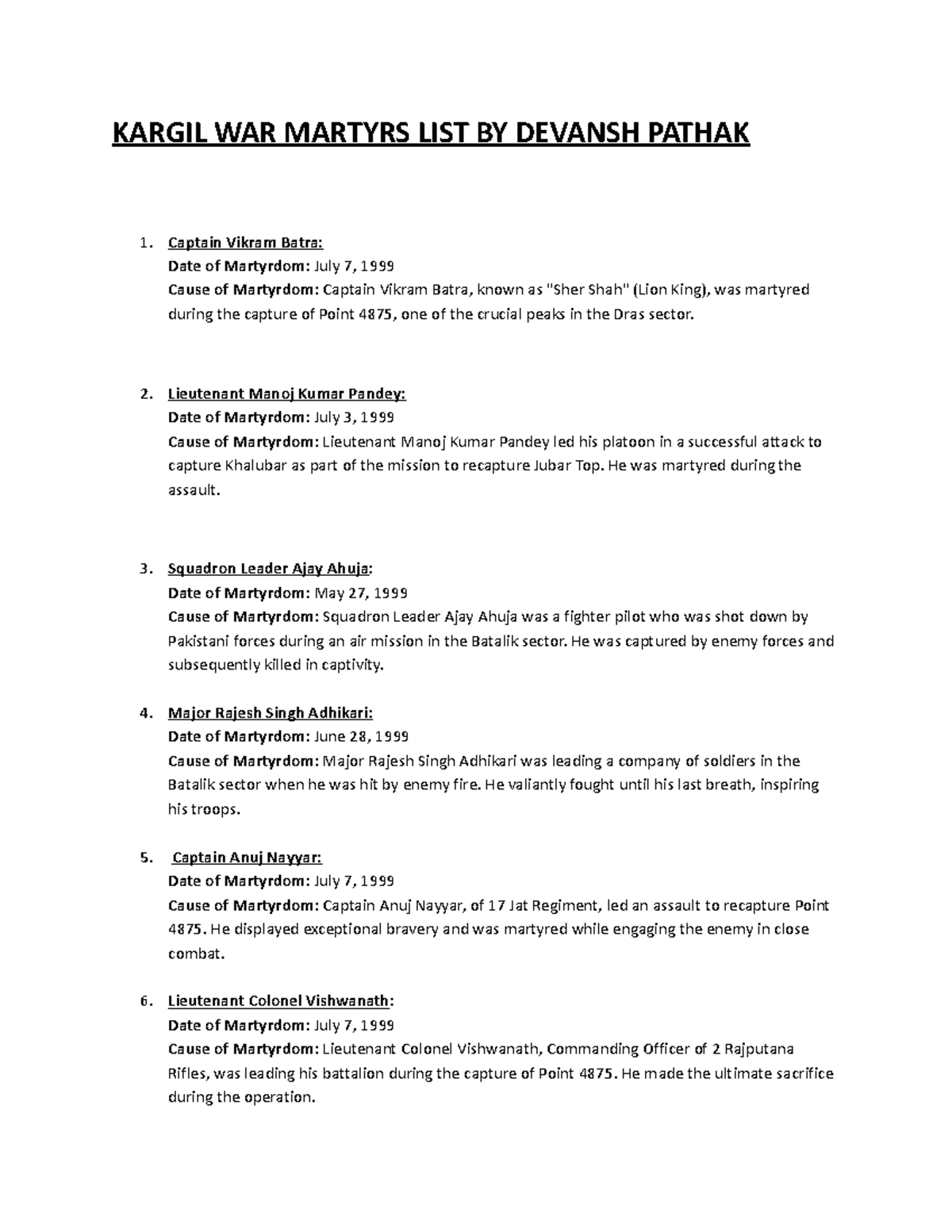 Kargil WAR Martyrs LIST BY Devansh Pathak - KARGIL WAR MARTYRS LIST BY ...