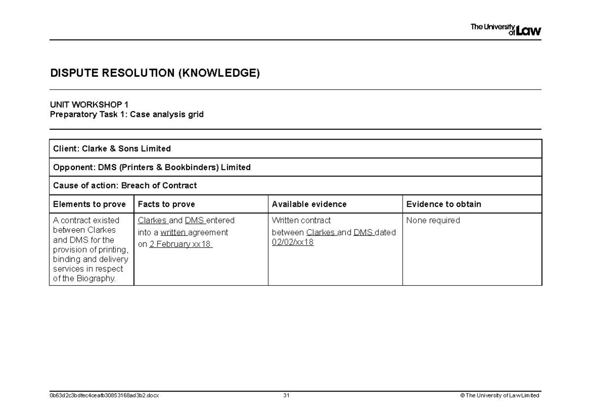 Case analysis grid (ws1) - DISPUTE RESOLUTION (KNOWLEDGE) UNIT WORKSHOP 1 Preparatory Task 1 ...