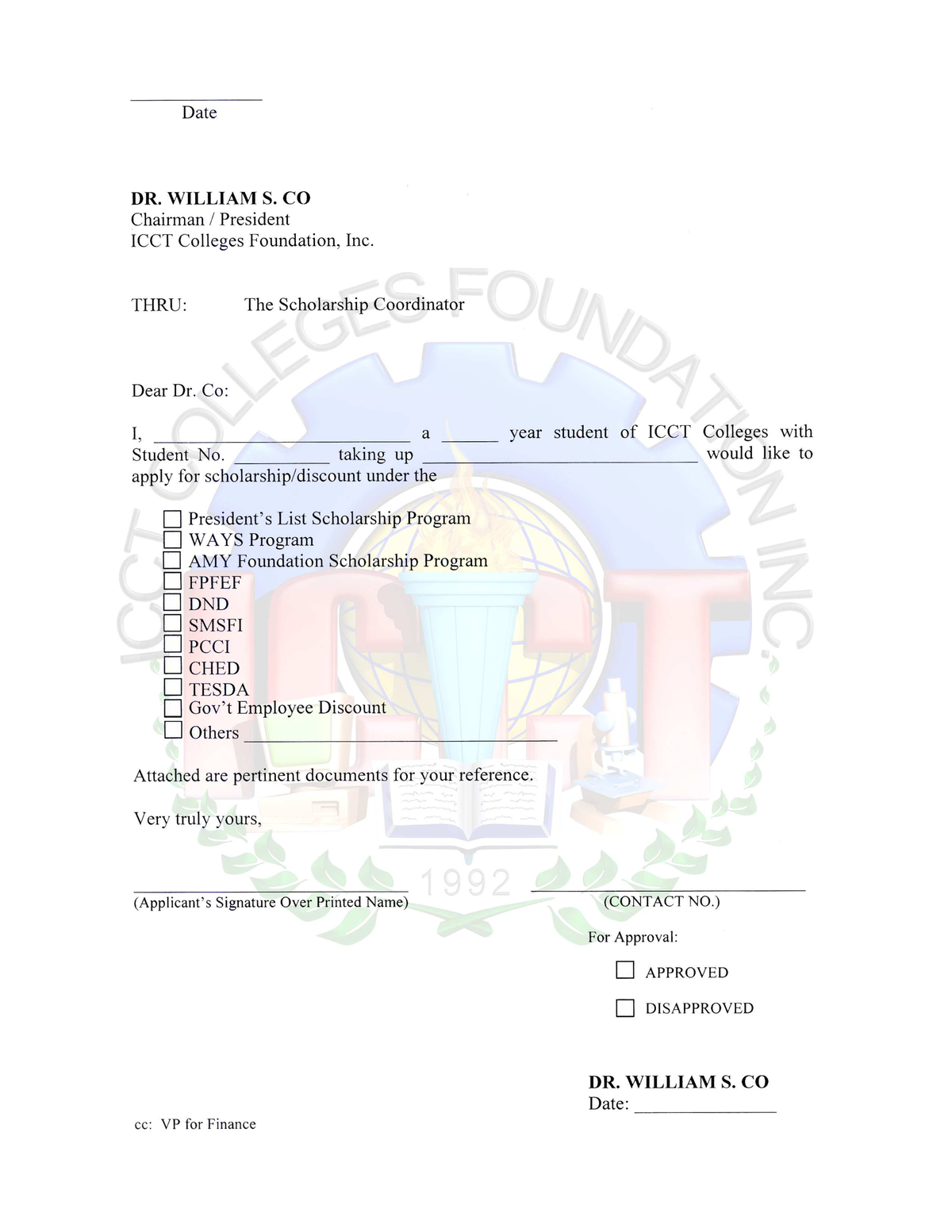 Scholarship-Letter - Example of scholarship - Date DR. WILLIAM S. CO ...