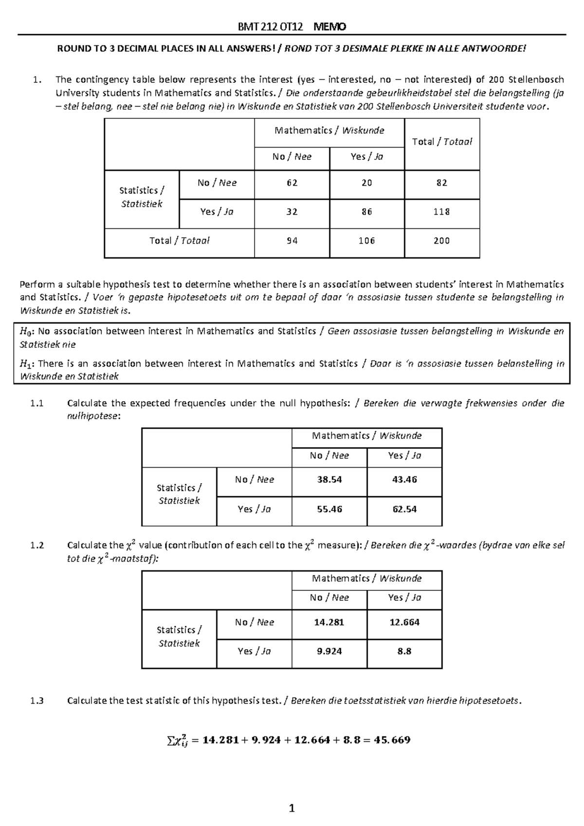 BMT212 Tut 12 (MEMO) - Tutorial 12 paper - 1 BMT 2 12 OT 12 MEMO ROUND TO 3 DECIMAL PLACES IN ...