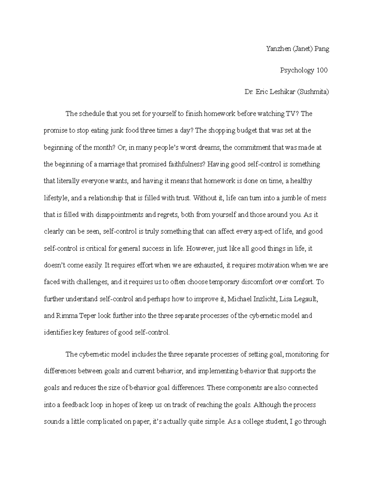 Self Control and Its Importance - Yanzhen (Janet) Pang Psychology 100 ...